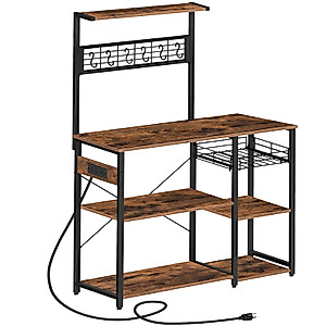 MAHANCRIS Bakers Rack with Power Outlet, Microwave Stand, Industrial Coffee Bar with Wire Basket, Kitchen Storage Rack with 6 S-Shaped Hooks, for Spices, Pots and Pans, Rustic Brown BRHR90E01Z