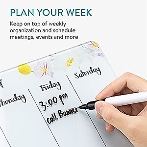 Navaris Weekly Whiteboard Planner - Small Dry Erase Glass Whiteboard to Do Calendar for Office Desk Dry Erase Schedule Board - 16 x 6 Inches - Flowers