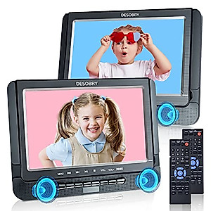10” Car DVD Player Dual Screen, DESOBRY 4000mAh Rechargeable Portable DVD Players for Car with Front Speakers, Last Memory, Headrest DVD Player Support USB/TF for Travel, Home (2 DVD Players)
