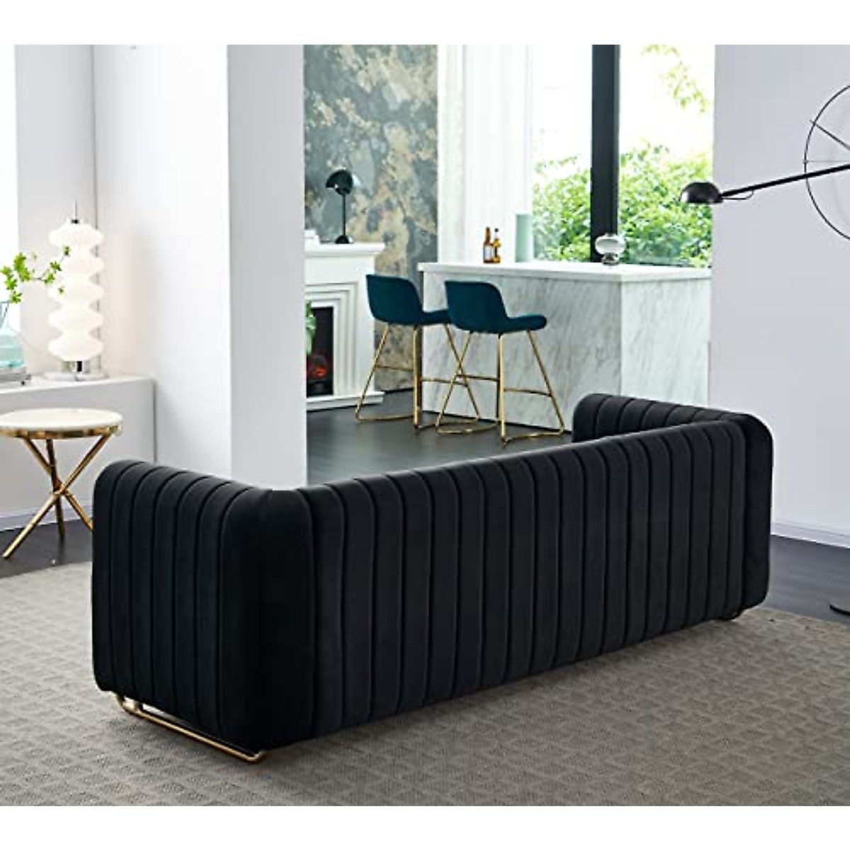Melpomene Vertical Channel Tufted Velvet Sofa with Round Arm and Gold Metal Legs,Armrest 84.25" W（Black）