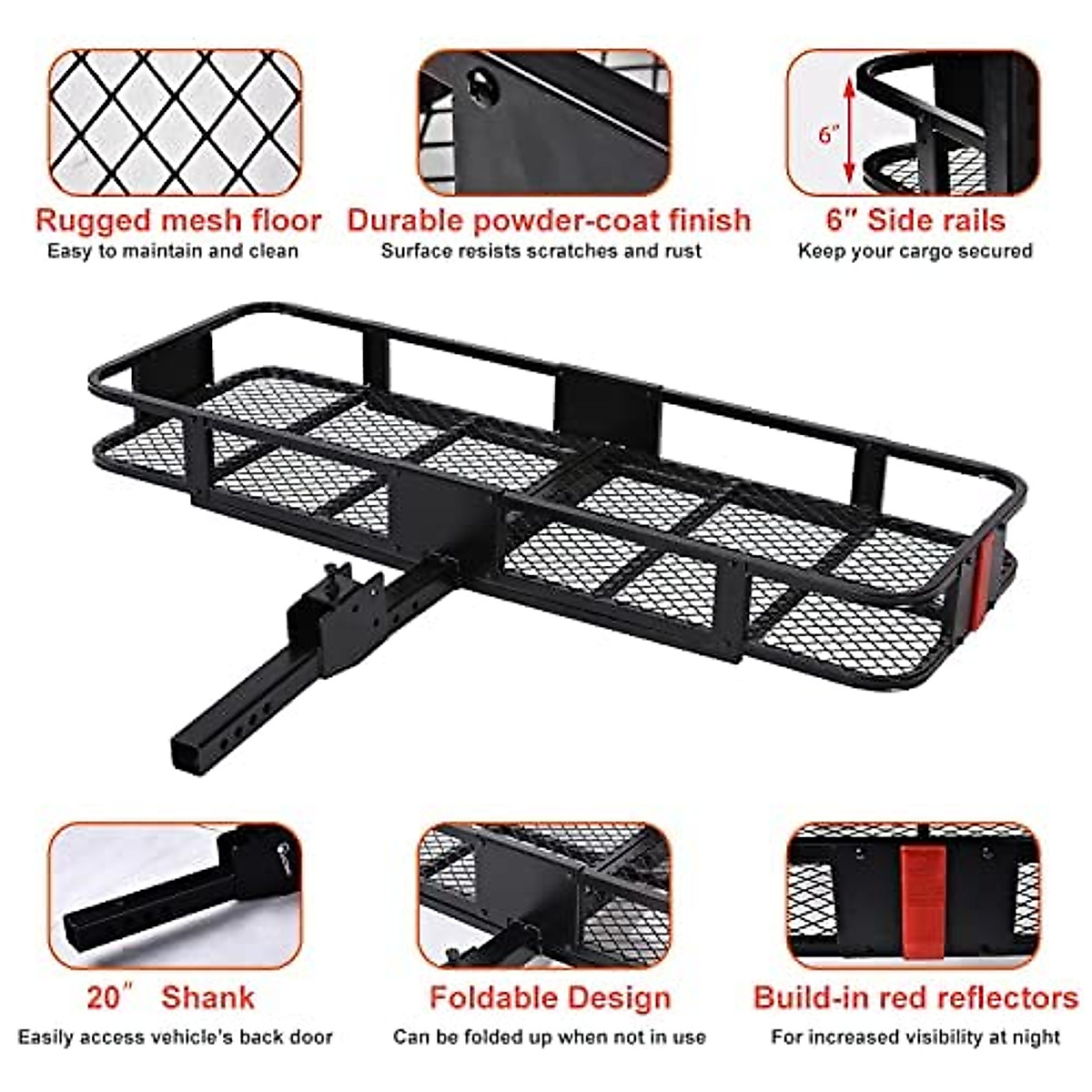 Basket Trailer Hitch Cargo Carrier 60"x 21" Folding Trailer Hitch Luggage Rack with Cargo Bag and Net, 550 LBS Capacity Vehicle Cargo Carriers Hitch Mount Fit 2" Receiver for SUV, Truck, Car