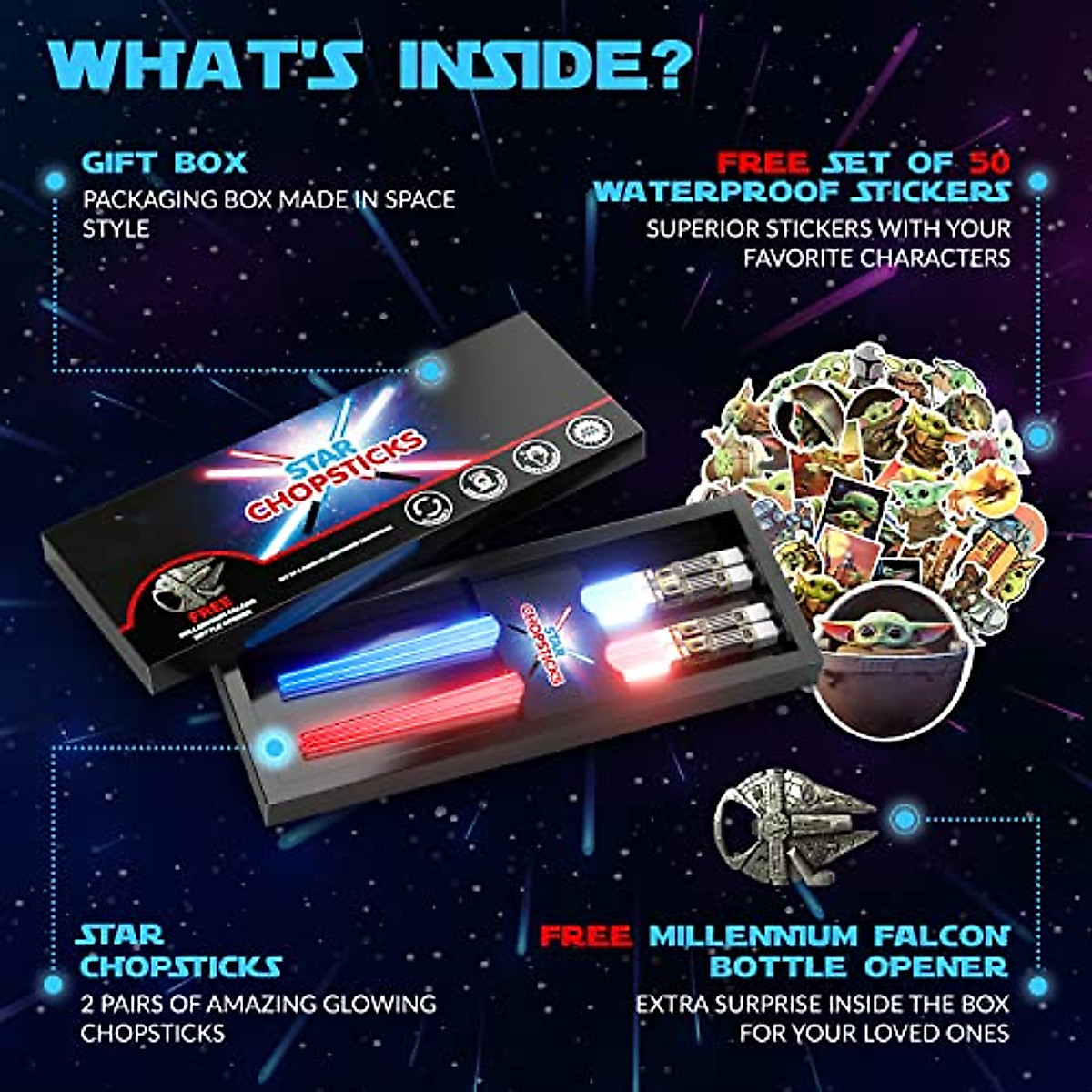 STAR CHOPSTICKS | FREE BOTTLE OPENER & STICKERS | 2 PAIRS DARK BOX | Lightsaber Chopsticks | Star Gifts and Toys for Kids | LED Light Up Reusable Safe Chopstick (Old Model)