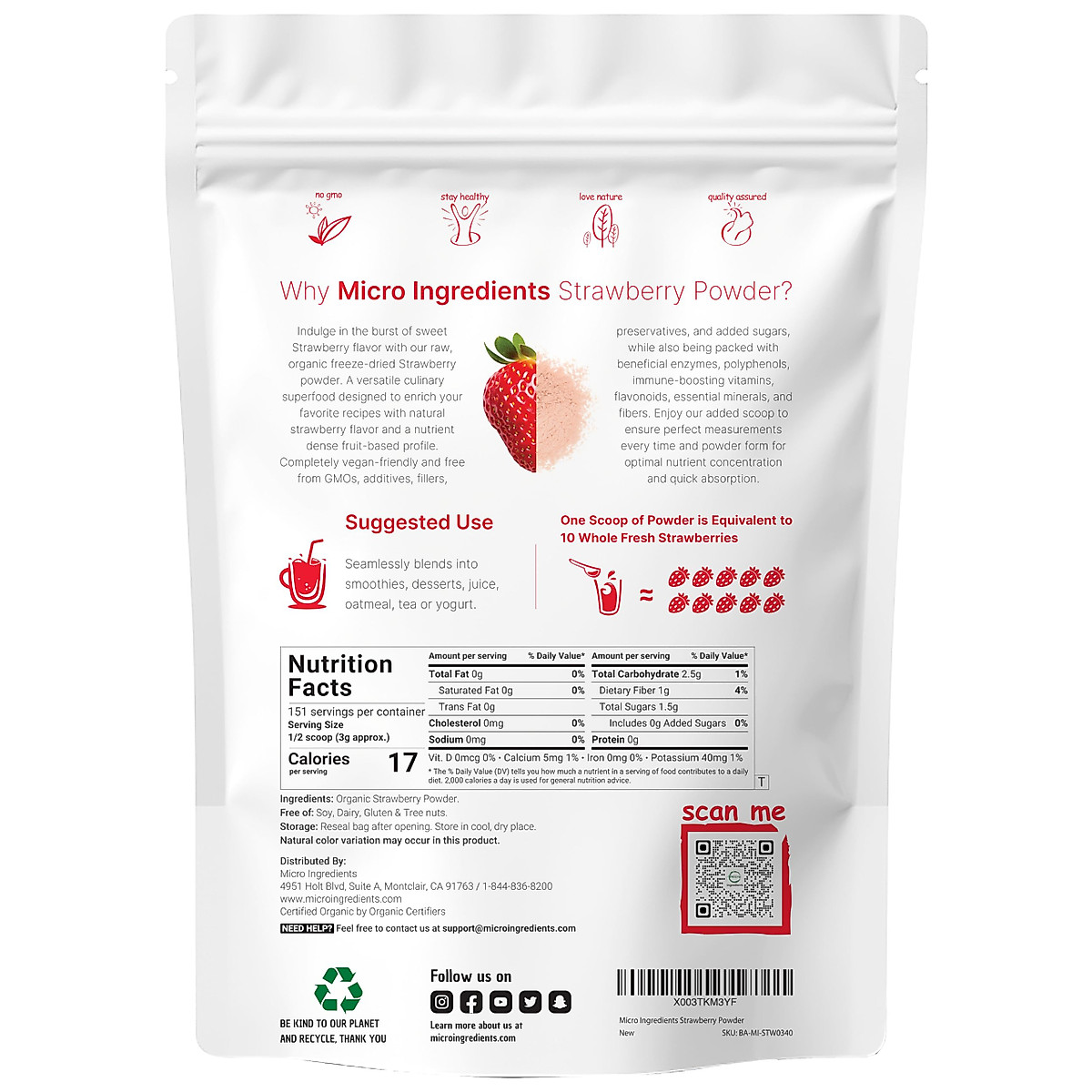 Organic Strawberry Powder, 1 Lb | 100% Natural Fruit Powder | Freeze-Dried Strawberries Source | No Sugar & Additives | Great Flavor for Drinks, Smoothie, & Beverages | Non-GMO & Vegan Friendly