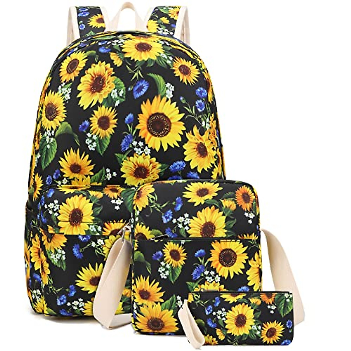 EZYCOK Laptop Backpack for Women, Water Resistant College Bookbag Casual Daypack with Sling Bag and Pencil Case, Sunflower