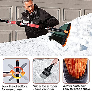FOVAL 62.4" Extendable Snow Brush and Ice Scraper with 360°Pivoting Brush Head, Snow Removal Car Brush for Windshield Window Trucks SUVs, Essential Winter Tool Ice Remover with Comfortable Foam Grip
