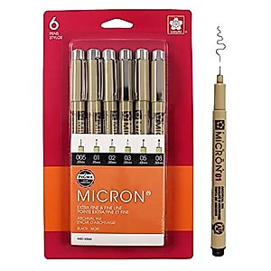 SAKURA Pigma Micron Fineliner Pens - Archival Black Ink Pens - Pens for Writing, Drawing, or Journaling - Assorted Point Sizes - 6 Pack