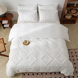 Simple&Opulence 100% Cotton Boho Tufted Duvet Cover Set, 3Pcs Textured Embroidery Comforter Cover Set -1 Duvet Cover&2 Pillowcases, Jacquard Shabby Chic Farmhouse Bedding for All Season(White, Queen)