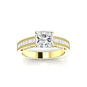 Houston Diamond District 2 Carat 14K Yellow Gold Channel Set Princess Cut Diamond Engagement Ring with Milgrain with a 1.6 Carat Moissanite Center - Size 7