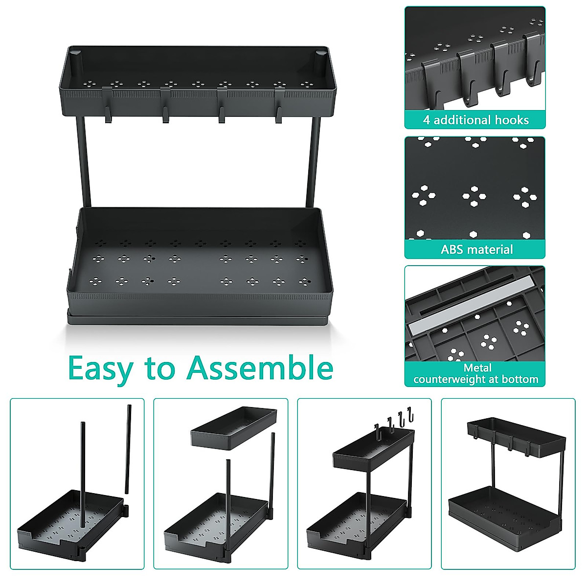 DEKAVA Under Sink Organizer，Bathroom Organizer，2 Tier Sliding Cabinet Organizer, Narrow Space Under Sink Organizers and Storage for Kitchen Bathroom
