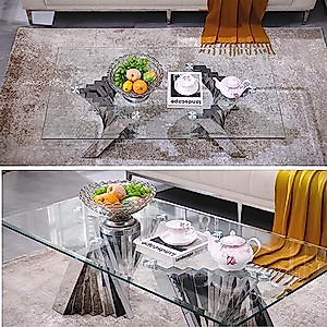 Anewsun Modern Coffee Table, Clear Glass Living Room Coffee Table with Silver Geometric Base
