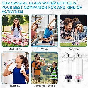 meekoo 2 Pieces Crystal Glass Water Bottle Clear Water Bottle with Gemstone Center Natural Amethyst and Rose Quartz Water Bottle Quartz Crystal Cup Energy Cup for Healing and Wellness (Small Stone)