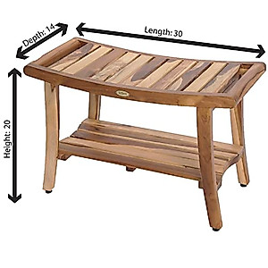 EcoDecors Harmony Teak Shower Bench 30" Long Natural Wood Shower Bench with Shelf and LiftAide Arms Shower Stool in Earthy Teak Finish for Indoors and Outdoors