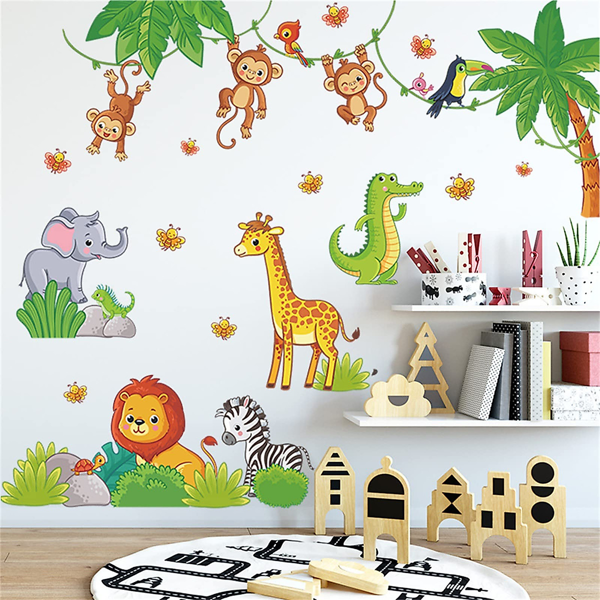 Jungle Animals Wall Sticker Monkey Giraffe Elephant Lion Zebra Wall Decals,Peel and Stick DIY Vinyl Mural Art for Kids Nursery Bedroom Living Room Playroom