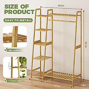 Bamworld Hanging Large Plant Stand Indoor, Bamboo Tall Plant Shelf for Multiple Plants, Ladder Coat Flower Rack for Window Garden Balcony Home Decor Living Room Bedroom