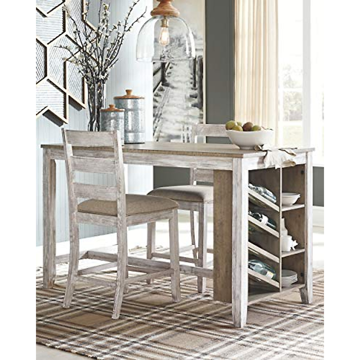 Signature Design by Ashley Skempton Farmhouse 36" Counter Height Dining Table with Storage & Wine Rack, Whitewash & Skempton 24" Counter Height Upholstered Barstool, Set of 2, Antique White