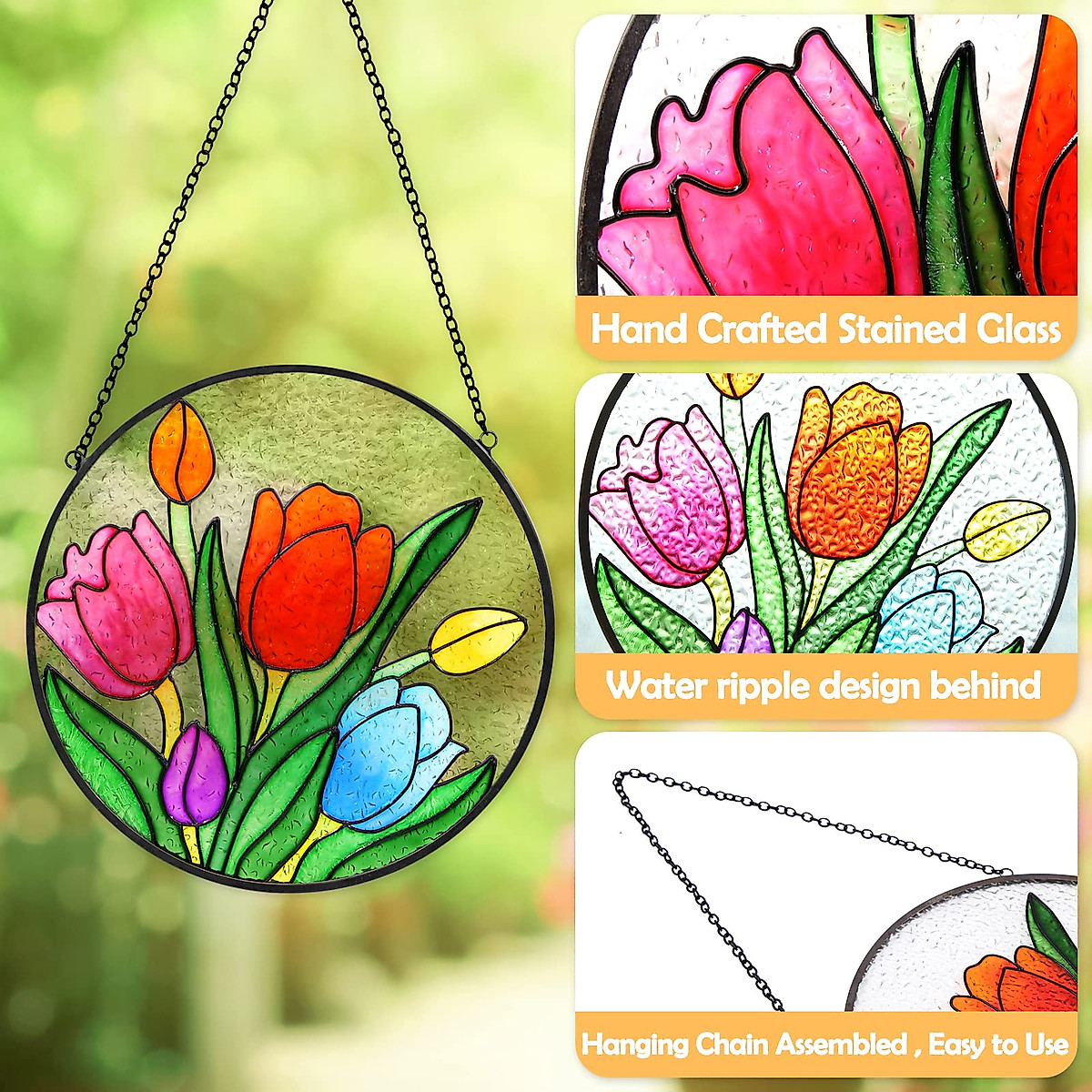 Tuitessine Tulip Suncatcher Stained Glass Window Hanging Panels, 6.3''x6.3'' Round Handmade Hanging Ornament with Chain, Garden Patio Wall Decor Flower Gift for Mom Teachers Friends