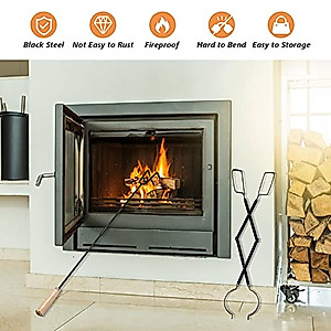 Fire Pit Poker and Log Grabber Fireplace Tongs Outdoor Fire Pit Tool Kits, Firepit Tools Set for Outside Campfire, Camping, Wood Stove, Black Steel