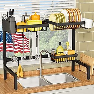 YKLSLH 2 Tiers of Retractable Large Over The Sink Dish Drying Rack with 3 Baskets, for All Sinks (22.8"-39.4"),Adjustable Large Capacity Sink Rack, Iron Drain Rack to Save Space（2 Tiers-3 Baskets）