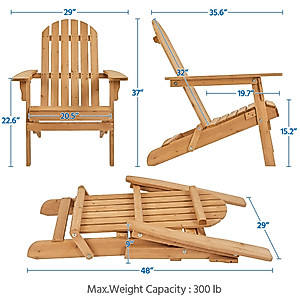 Yaheetech Folding Adirondack Chair Set of 2 Outdoor, 300LBS Solid Wood Garden Chair Weather Resistant, Fire Pit Lounge Chairs for Garden/Yard/Patio/Lawn, Natural Wood