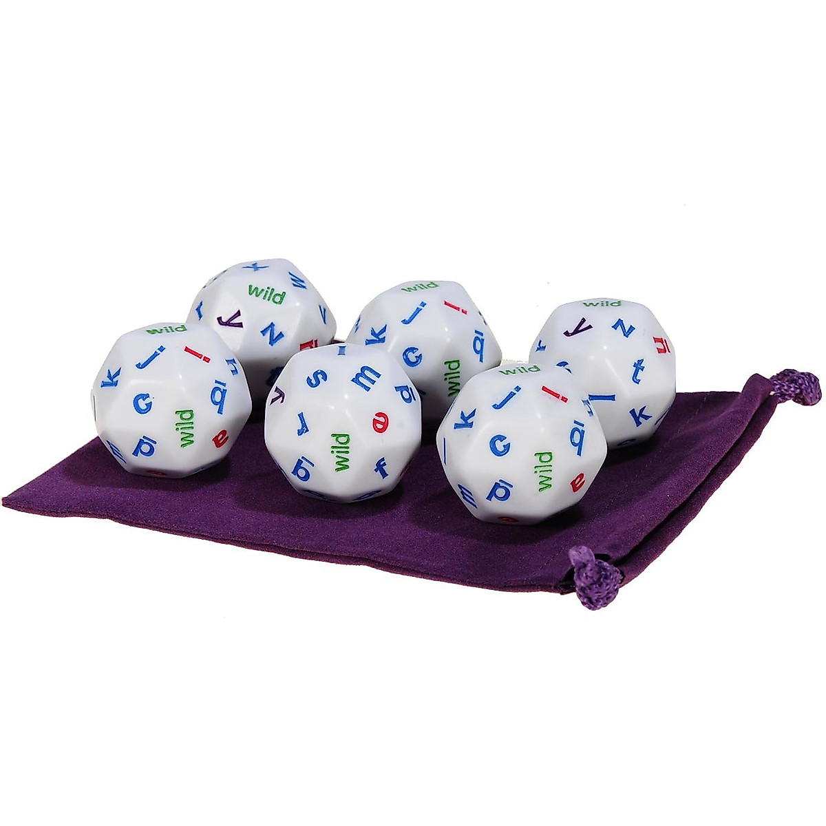 Alphabet Jumbo Dice, 30-Sided, Set of 6 Identical Dice, Purple Velveteen Drawstring Storage Pouch, Bundled Items