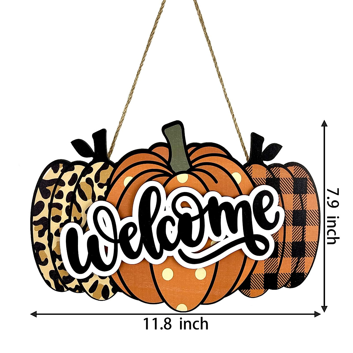 Fall Wreaths for Front Door Wooden Leopard Plaid Welcome Pumpkin Hanging Sign Front Porch Decor Door Sign Farmhouse Wall Living Room Home Decorations 11.8 x 7.9 Inch