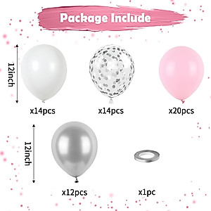 Pink and Silver Balloons, Pastel Pink White Balloons Metallic Silver Balloons White Pink Party Balloons Macaron Pink Silver Confetti Balloons for Girls Kids Birthday Wedding Baby Shower Graduation