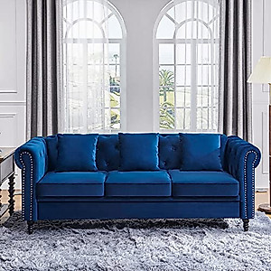 kinmars Chesterfield Sofa Velvet,3 Seater Couch Furniture,Couches for Living Room with Deep Button Tufting,Large Sofa with Rolled Arms (Blue)