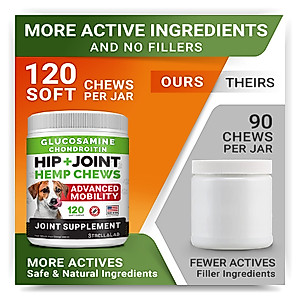 Large Breed Hemp + Glucosamine Dog Joint Supplement - Hemp Chews for Dogs Hip Joint Pain Relief - Omega 3, Chondroitin, MSM - Advanced Mobility Hemp Oil Treats for Large Dogs - Made in USA - 240 Ct