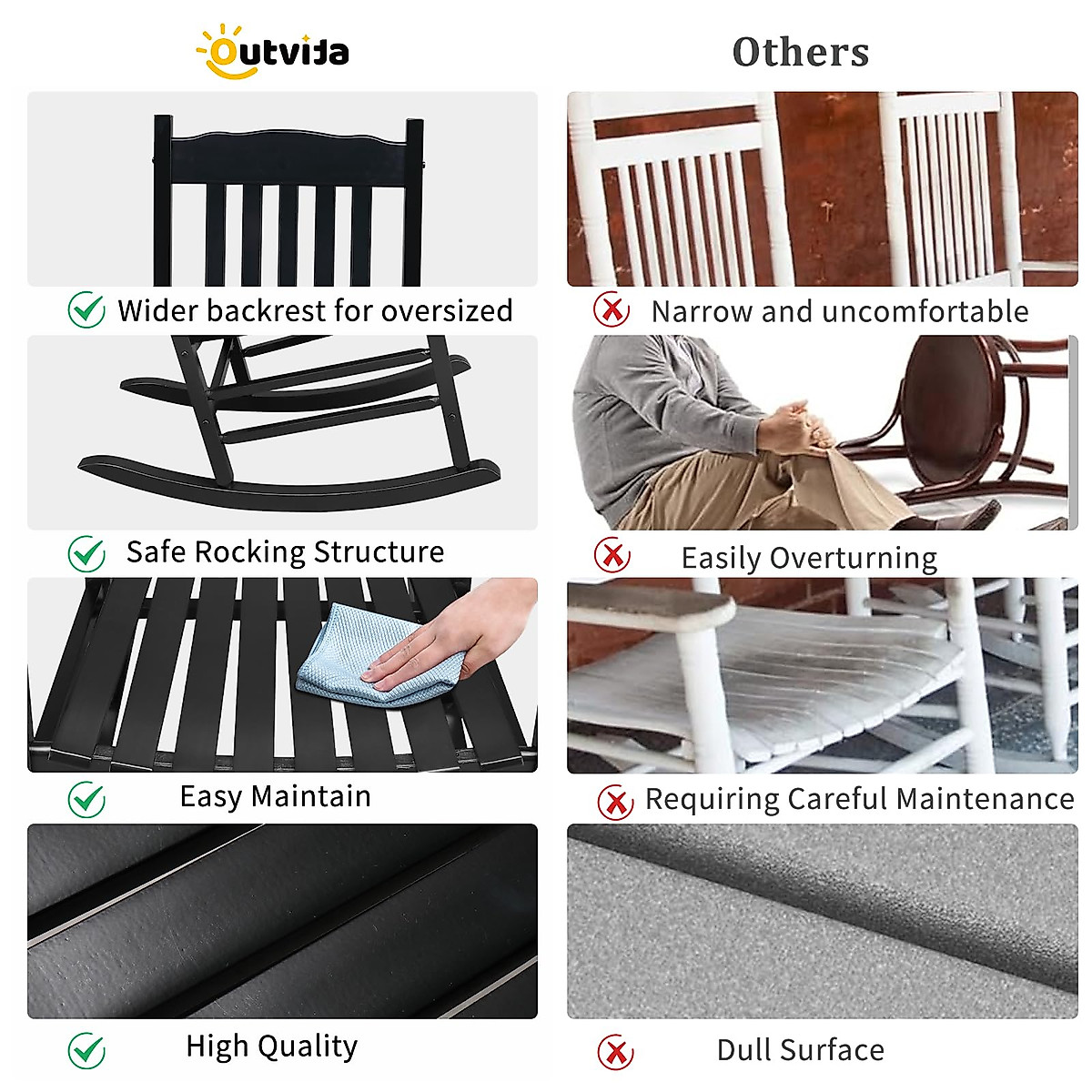 Outvita Outdoor Rocking Chair Set of 2, Solid Wood High Back Rocker, All Weather Lounge Chair for Porch Patio Fire Pit Garden Backyard Deck Indoor, Wave Shape, Black