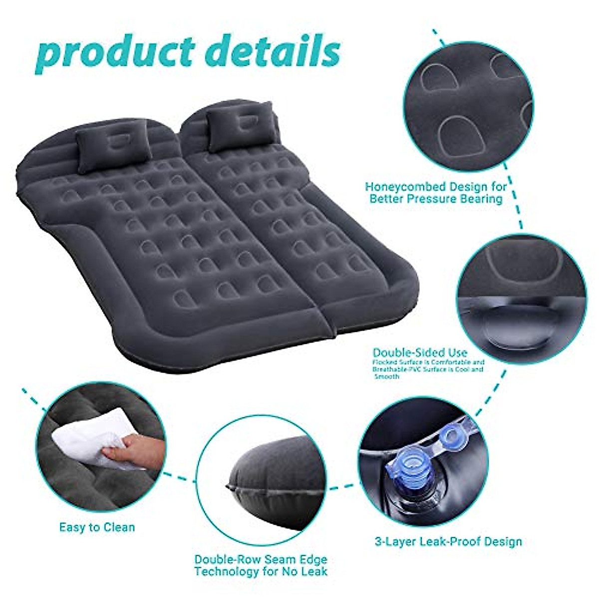 Car Inflatable Mattress with Pump, Portable SUV Air Bed for Camping, Home, Travel, Hiking, Full Size Blow Up Sleeping Pad with 2 Pillows, Extended Back Seat Airbed for Truck, RV, Upgraded (Black)