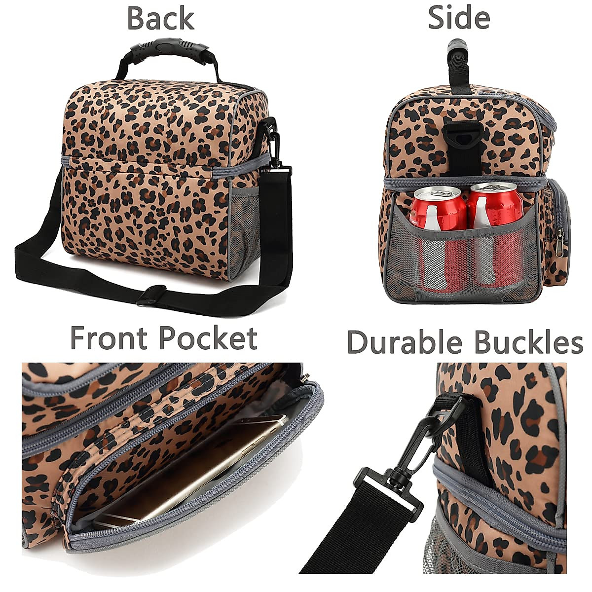 FlowFly Double Layer Cooler Insulated Lunch Bag Adult Lunch Box Large Tote Bag for Men, Women, With Adjustable Strap,Front Pocket and Dual Large Mesh Side Pockets,Leopard