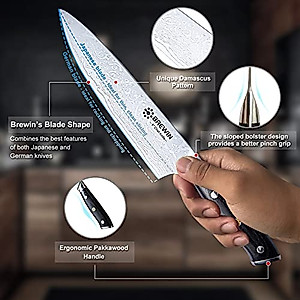 Brewin Kitchen Knife with Sharpener, Razor Sharp 8 Inch Chef Knife with Black Pakkawood Handle German High Carbon Stainless Steel Full Tang Professional Cooking Knives with Gift Box