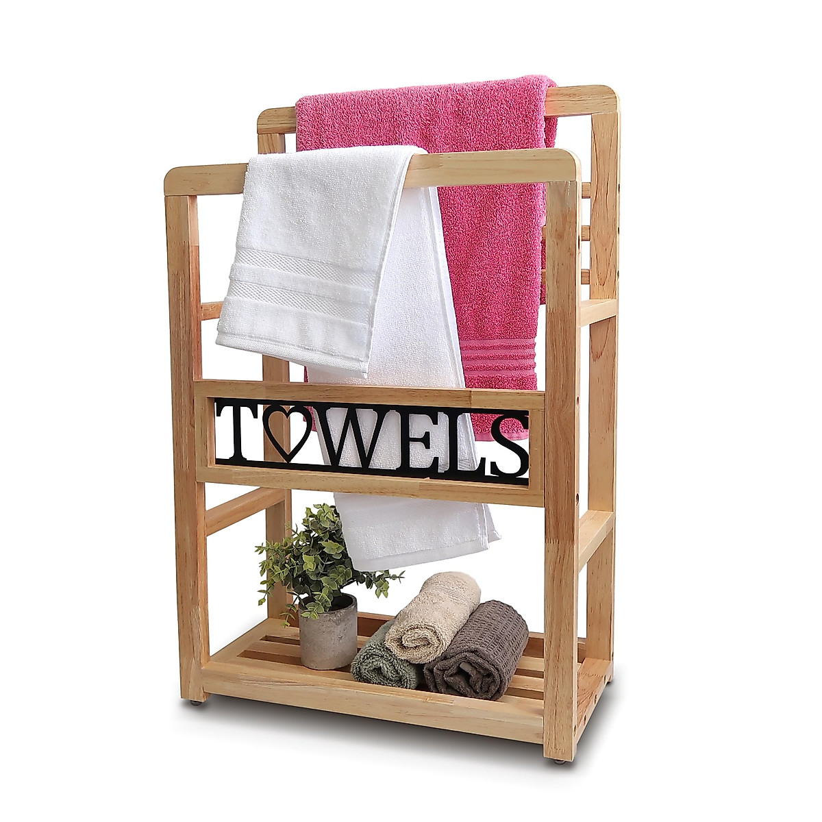 2 Tier Towel Rack for Bathroom - Besuerte Freestanding Towel Rack for Bathroom, Wooden Bath Towel Rack, Blanket Rack Stand for Living Room, 31.5" H Towel Drying Rack Holder with Black Towels Letters