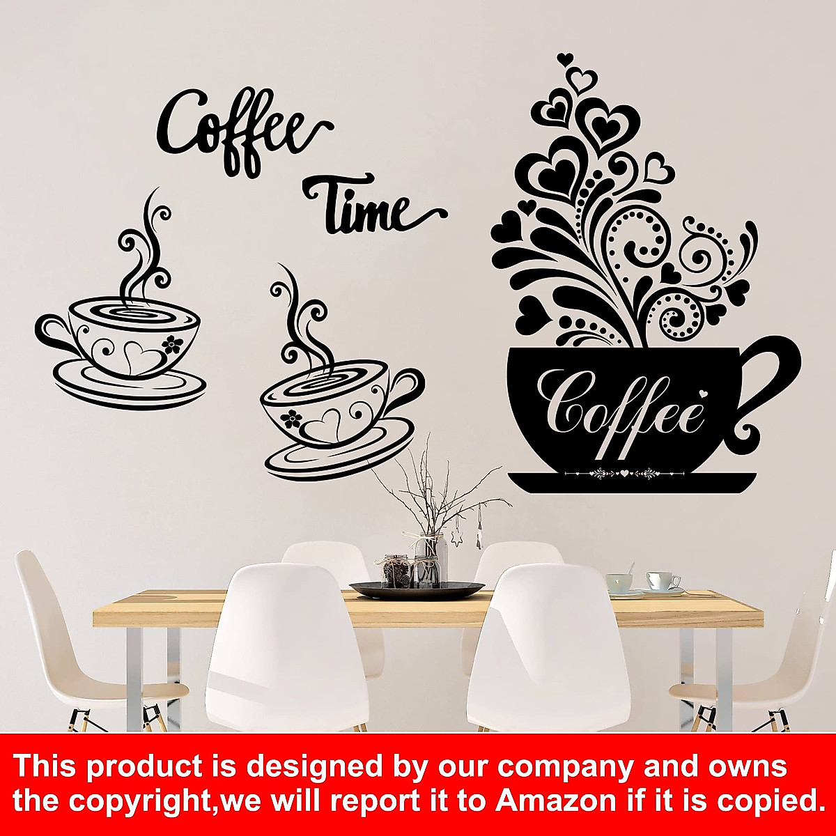 Coffee Cup Wall Decals Vinyl Kitchen Wall Decor Stickers Black Coffee Tea Sign Decor Flower Wall Art Sticker Removable DIY Coffee Saying Decorations for Home Cafe Shop Coffee Station Bar Pub Office