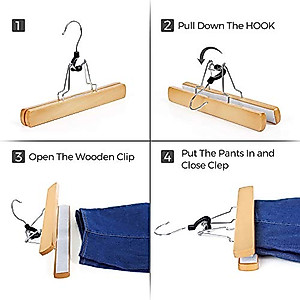 SONGMICS 12 Pack Wooden Pants Hangers, Premium Solid Wood with Non-Slip Felt, Hold Pants Tightly, Smooth Finish Wood Skirt Hangers, with 360° Swivel Hook, Natural UCRW007-12