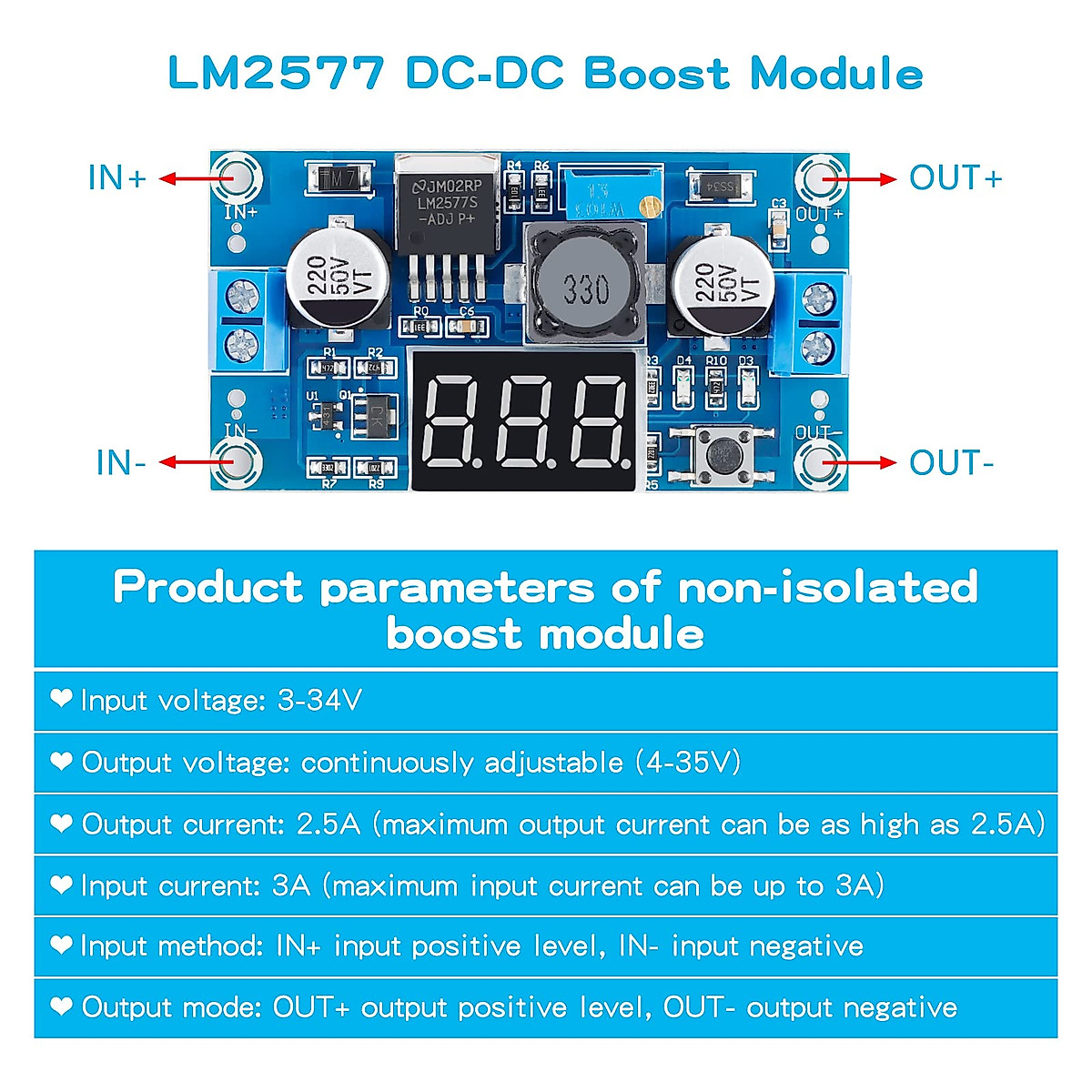 EC Buying LM2577 DC-DC Boost Module, Digital Display Board Adjustable with LED Display Digital Voltmeter Boost Converter, Digital Display Board Circuit Board Input 4-35V Output Current 3A (2PCS)