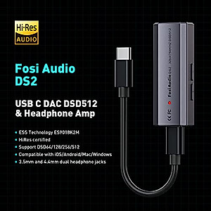 Fosi Audio DS2 Portable USB C DAC DSD512 ES9018K2M Headphone Amp HiFi Tiny Mixer with 3.5MM and 4.4MM Dual Headphone Outputs for Smartphones/PC/Laptop