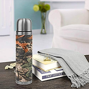ALAZA Real Tree Camouflage Vacuum Insulated Stainless Steel Water Bottle Double Wall Construction Leak Proof Thermos Flask Genuine Leather Cover 17 Oz
