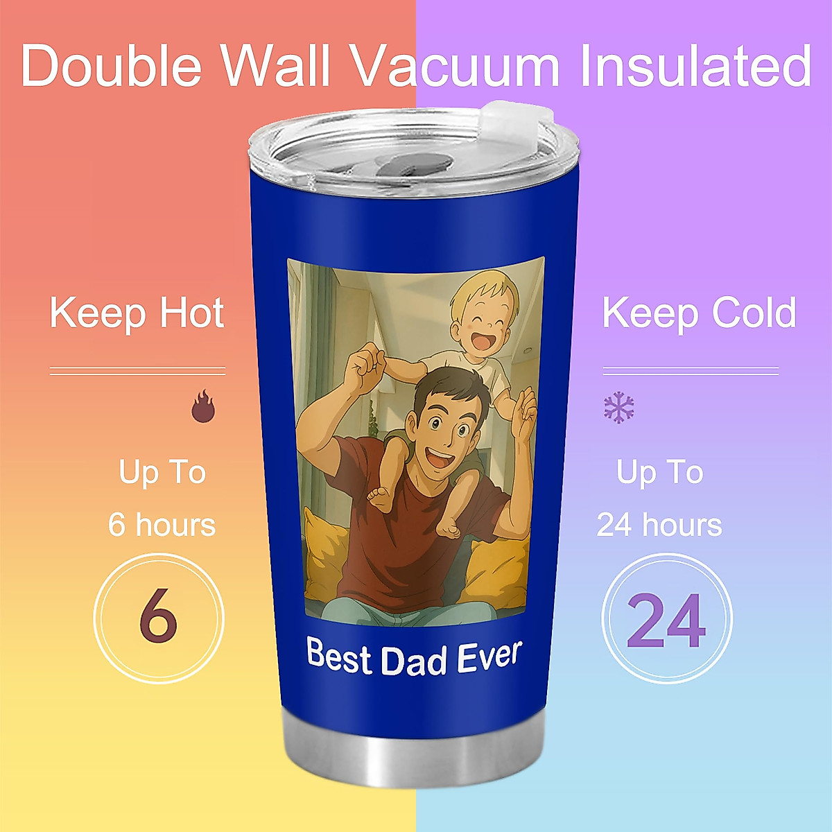 FESTIMAKE Personalized Tumbler with Name Photo, Customized Insulated Coffee Travel Mug 20oz Stainless Steel Gift for Dad Mom Mother's Day Fathers Christmas Anniversary Birthday