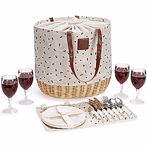 WILLOW WEAVE Willow Picnic Baskets Set for 4, Sturdy Woven Base & Linen Picnic Beach Tote Bag with Drawstring Closure, Insulated Lining & Durable Straps, for Outdoor Events, Shopping - Cherry