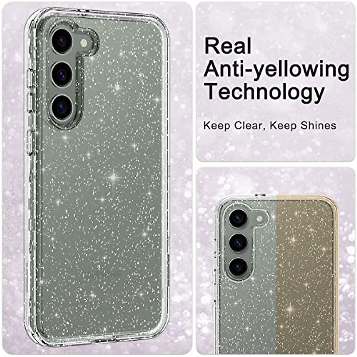 Lamcase for Samsung Galaxy S23 Plus Case 6.6 Inch, [with 2Pcs Tempered Glass Screen Protector+2Pcs Camera Lens Protector] Shiny Sparkly Bling Three Layer Shockproof Cover 2023, Clear/Silver Glitter