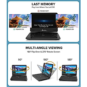 WONNIE 16.9" Portable Blu-Ray DVD Player with 14.1" 1080P Full HD Large Swivel Screen, Dolby Audio Sound, 4 Hrs Rechargeable Battery, Support Last Memory, HDMI Out, AV in, USB/SD Card, Sync TV