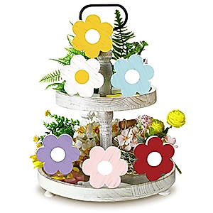 6 Pieces Spring Tiered Tray Decor Daisy Flower Wooden Signs Easter Tiered Tray Decor Wooden Sign Farmhouse Colorful Rustic Wood Tiered Tray Decor for Spring Home Table Shelf Party Kitchen Decoration