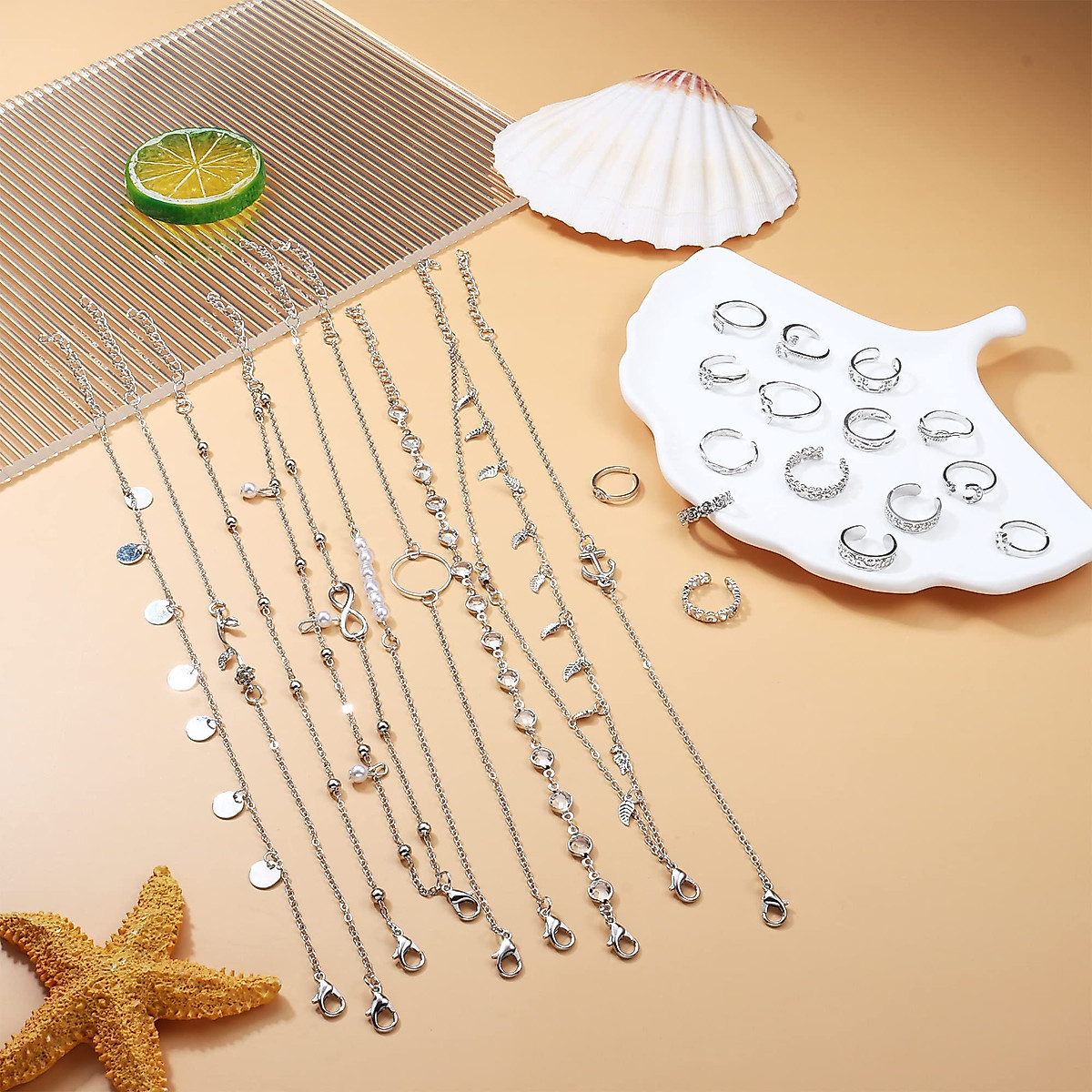 LOLIAS 25Pcs Anklets and Toe Rings for Women Silver Gold Plated Toe Rings Layered Ankle Bracelets Flower Evil Eye Toe Rings for Summer Sandals Foot Jewelry Set Adjustable (Silver tone)