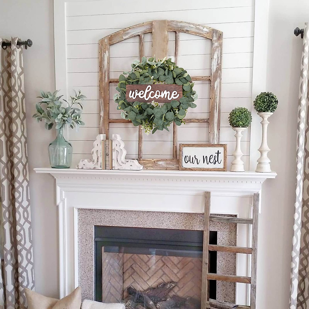 GTIDEA 18 Inch Eucalyptus Wreath for Front Door Summer Wreath with Welcome Sign Greenery Wreaths Farmhouse for Home Porch Wall Bedroom Window Festival All Season Wedding Decor