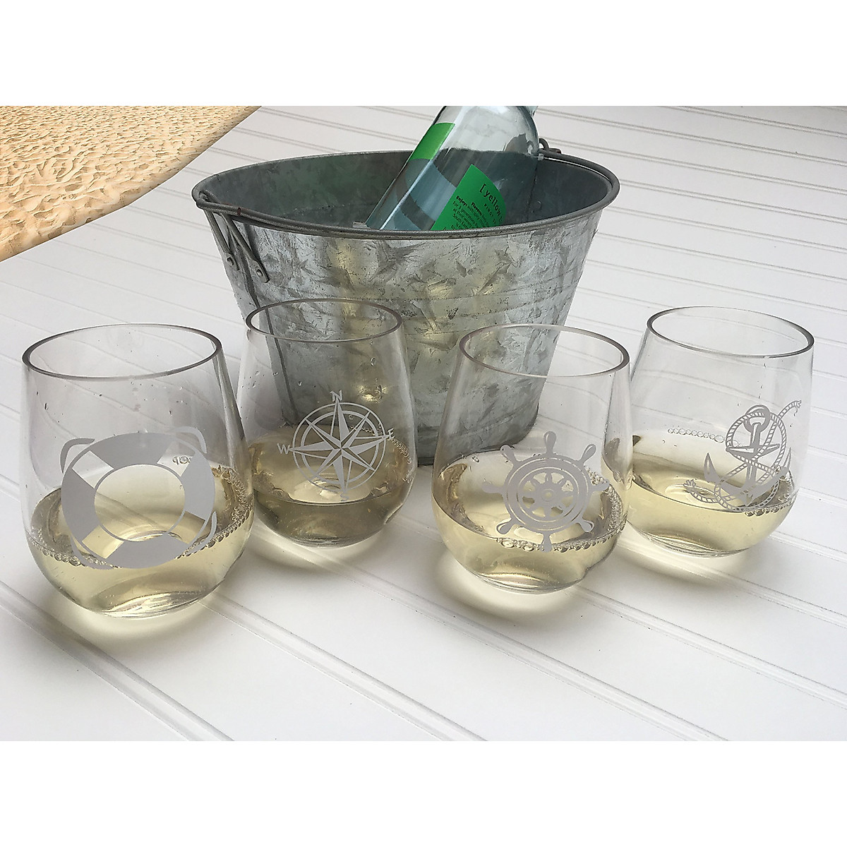 SET OF 4 -Stemless Boat Wine Glasses-Nautical Themed, Plastic, 16oz, Pool Wine Glasses, Shatter Proof Drinking Glasses for Wine or Cocktails