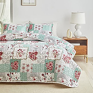 UOZZI BEDDING 3 Piece Floral Patchwork Quilt Set Queen Size White Green Lightweight Coverlet Bedspread with Red Flower Floral Plaid Patchwork Spring and Summer Quilt Set (1 Quilt+ 2 Shams)