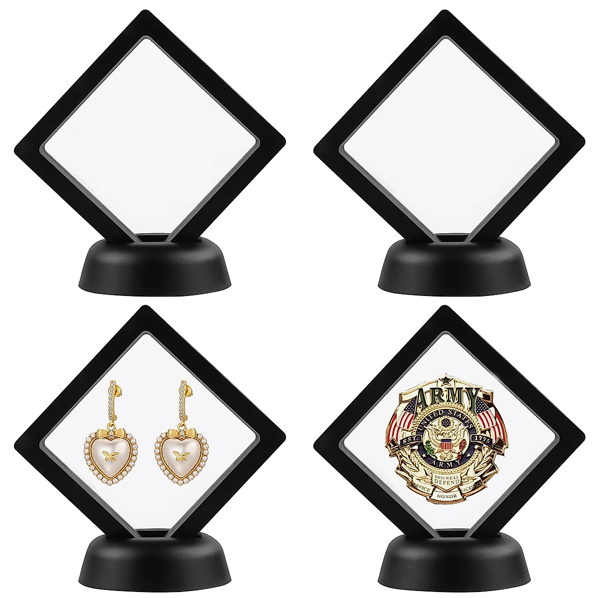Jutieuo 4Pcs 3D Floating Frame with Stand, Challenge Coin Display Holder, Small Shadow Box for Earrings, Rings, Brooch, Military Medal, Black, 2.75x2.75 inches