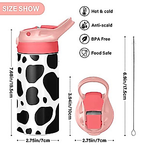 Black & White Cow Print Kids Water Bottle with Straw Lid, Vacuum Insulated Stainless Steel Double Walled Leakproof Tumbler Travel Cup for Girls Boys Toddlers, 12 oz