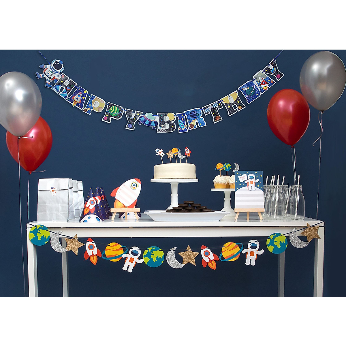 Kids Space Birthday Party banner Blue Astronaut Spaceship Theme Happy Birthday Banner Hanging Solar System Astronaut Space Theme Birthday Party Banner